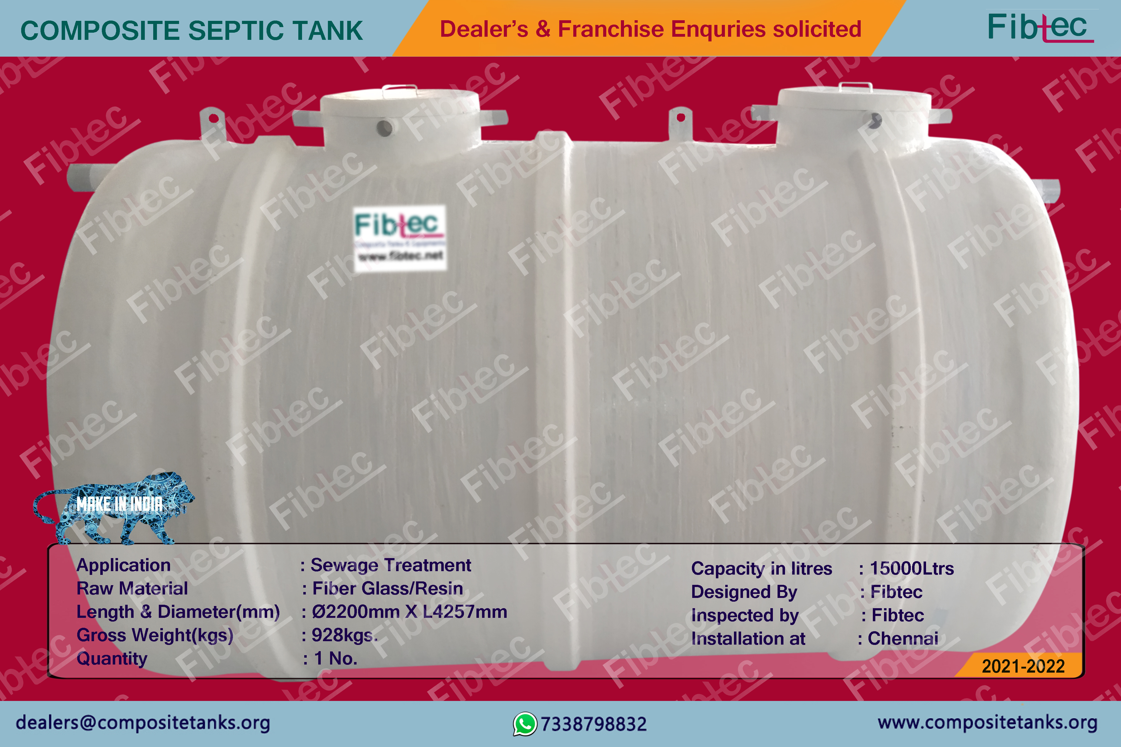FRP Septic Tank for Sewage Treatment System Capacity 15000 Liters