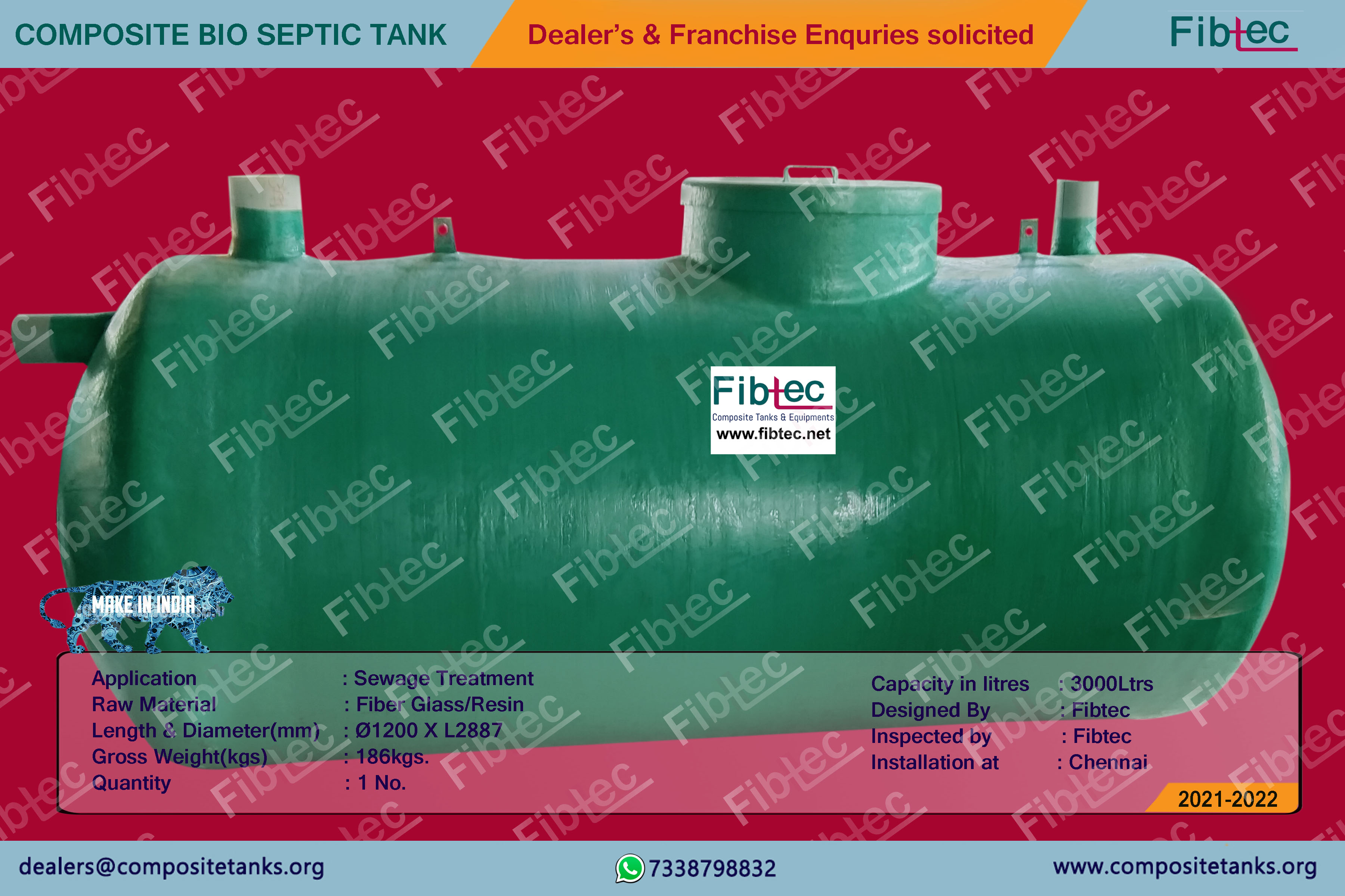 Sewage Treatment Tank - FRP Bio Septic Tank Capacity - 3000 Liters